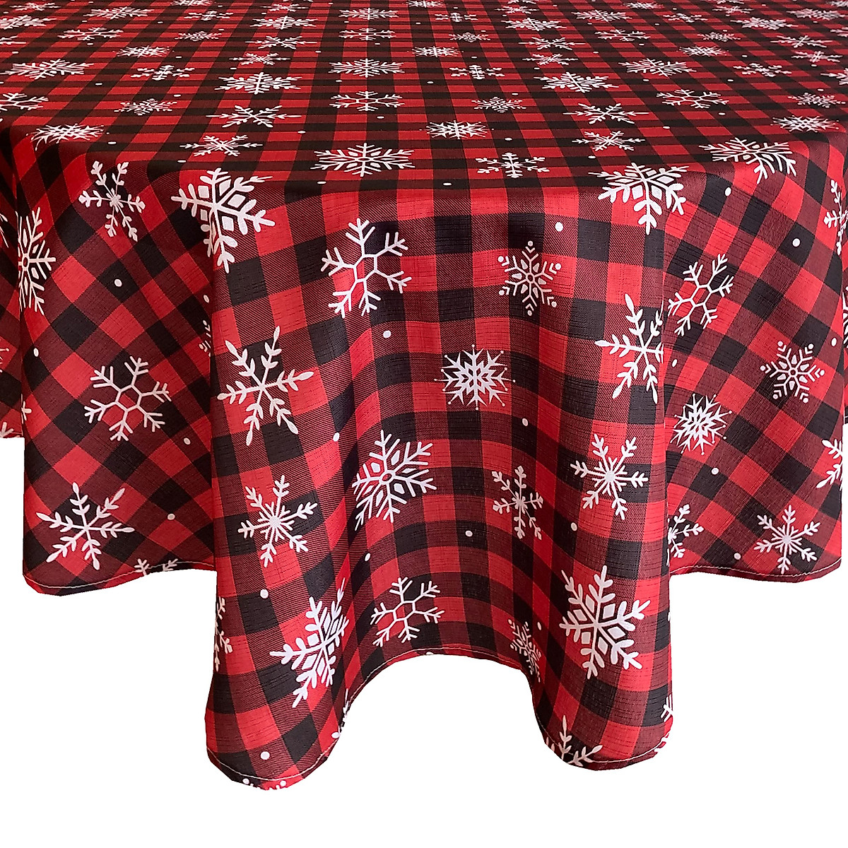 Lintex Red/Black Snowflake Plaid Festive Christmas Fabric Tablecloth, Red, Black and White Plaid Country Rustic Xmas Holiday Tablecloth, 70” Round