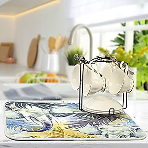 Tropical Leaves Elephant Pattern Dish Drying Mat 24"x18" Absorbent Machine Washable Hanging Fast Dry Pad Dish Protective Mat for Kitchen Countertop Heat Resistant Dinner Table Mat