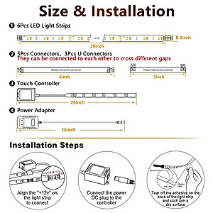 TJOY Under Cabinet Lighting Kit, 6PCS Dimmable Under Cabinet Lights, Touch and Remote Control, Led Strip Lights for Kitchen Cabinet, Counter, Shelf, Bookcase, 2700k-6500k Warm White to Daylight,9.8FT