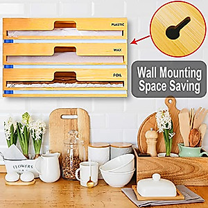 Tuipm Wrap Dispenser with Cutter, Plastic Wrap, Aluminum Foil and Wax Paper Dispenser for Kitchen Drawer, Bamboo Roll Organizer Holder, 3 in 1 Wrap Dispenser Compatible with 12" Roll