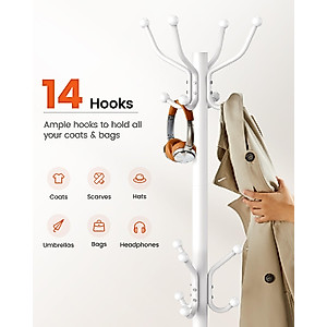 Pipishell Coat Rack with 14 Hooks, Freestanding Coat Rack Stand for Entryway, Hallway, Bedroom, and Office, Metal Coat Tree & Hat Rack for Coats, Hats, and Bags, White