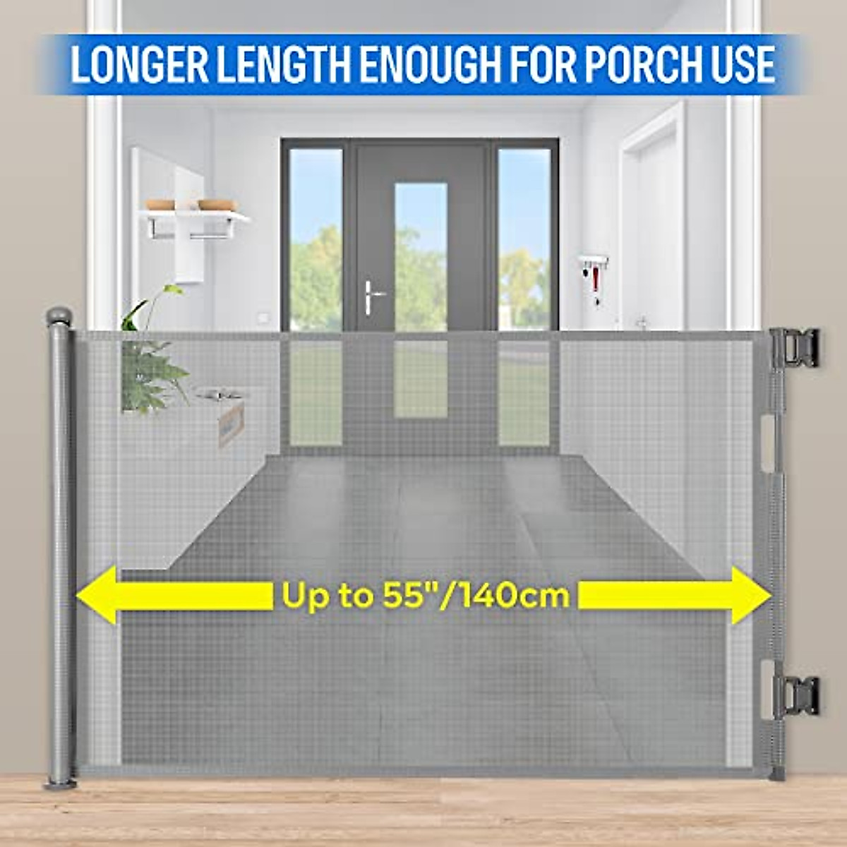 Retractable Baby Gate, Extra Wide Safety Kids or Pets Gate, 33” Tall, Extends to 55” Wide, Mesh Safety Dog Gate for Stairs, Indoor, Outdoor, Doorways, Hallways, Easy to Wipe(Grey)
