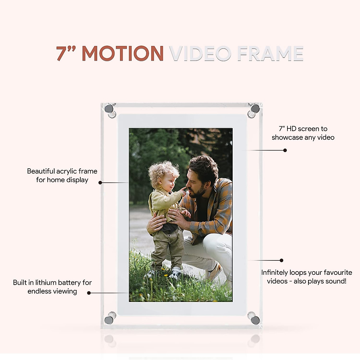 Amaboo 7 Inch Acrylic Digital Picture Frame, Motion Video Frame with Latest Transparent Design, Digital Photo Frame with Built-in 1GB Memory and 1500 mAh Battery