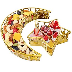 YumSur Eid Mubarak Moon Star Tray, Islam Muslim Al-Fitr Iftar Party Food Serving Tray, Ramadan Metal Platters Table Decor for Breakfast Dinner Dessert Pastry Display Holder Decoration Ornament