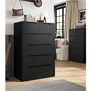 EnHomee Dresser for Bedroom, Dresser with 6 Wood Drawers, Black Dresser and Tall Dresser with Large Organizer, Wood Dressers & Chests of Drawers with Smooth Metal Rail, Black