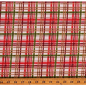 Cotton Winter Forest Red Green Brown Plaid on White Cotton Fabric Print by The Yard (16651-WHT-CTN-D) D505.54