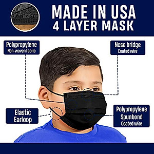 50 Pack of 4 ply ASTM Level 3 Kids Disposable Face Mask with Breathable Material And Flexible Nose Bridge Made in USA Jet Black