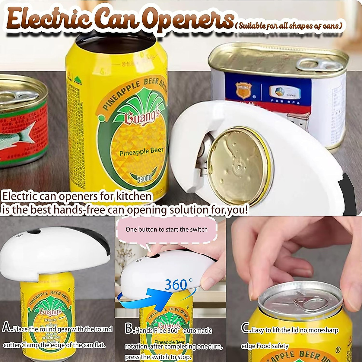 LEQOS Electric Can Opener For Kitchen One Touch Automatic Can Opener Electric for Any Size Can Hands Free Battery Operated Can Opener For Seniors Arthritis Smooth Edge Portable Food-Safe (Dark Black)