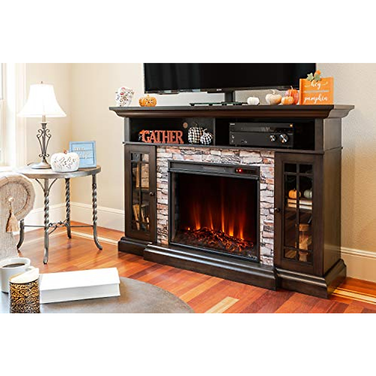e-Flame USA Whistler Large Mantel Electric Fireplace Stove TV Stand with Media Shelves - Faux Stone Dark Oak - 66"x43"