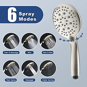 LINPUNG High Pressure Handheld Shower Head with 6 Spray Options, Brushed Stainless Steel, Adjustable Bracket for Bathroom