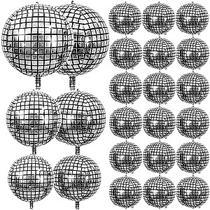 24 PCS Disco Ball Balloons Different Sizes- 4D Large Disco Balloons 10 Inch 15 Inch 18 Inch 22 Inch Assorted Round Metallic Silver Disco Balloons for Disco Themed Party Decor Supplies