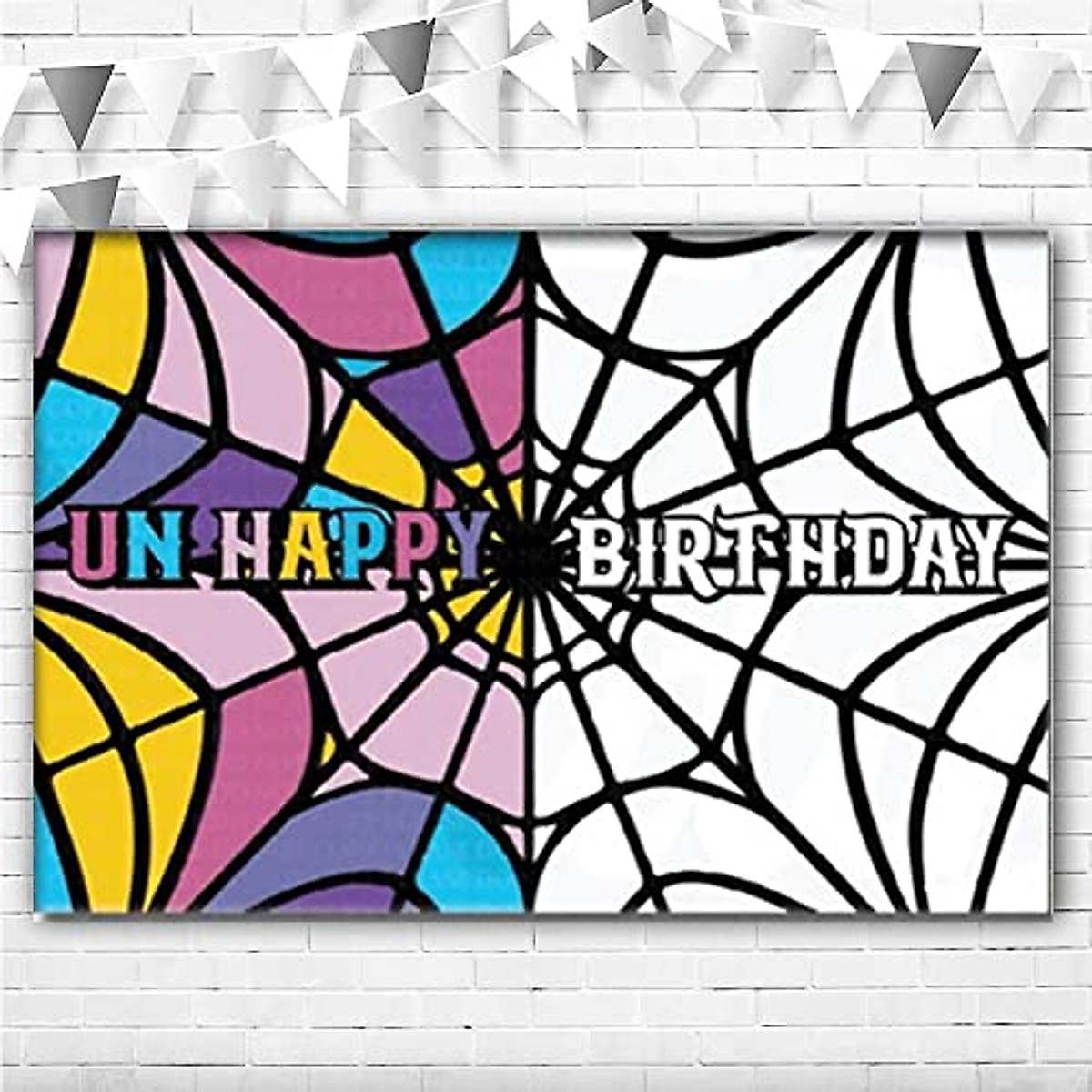 Wednesday Addams Stained Glass Window Backdrop 5x3ft UN Happy Birthday Wednesday Addams Backdrop for Birthday Party Decor Vinyl Nevermore Addams Family Theme Banner for Kids
