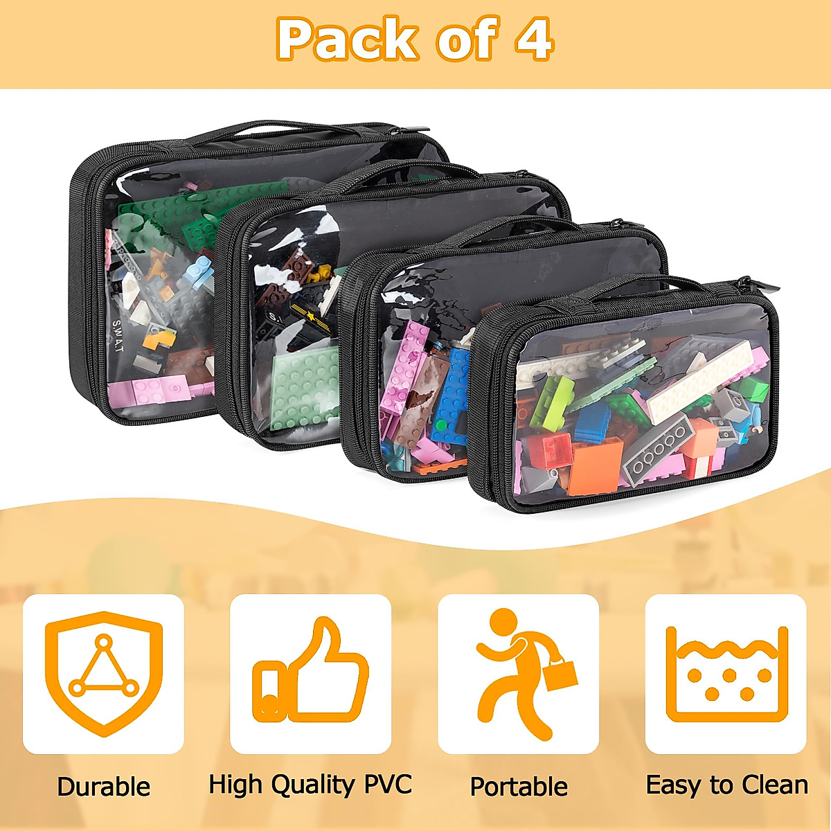 Damero 4 Packs Toy Carry Case, Toy Storage Bags with Zipper, Toy Building Blocks Board Games Storage Case, Clear Toy Organizer Bags for Travel, Playroom, Classroom, Home Organization, Black(Bag Only)