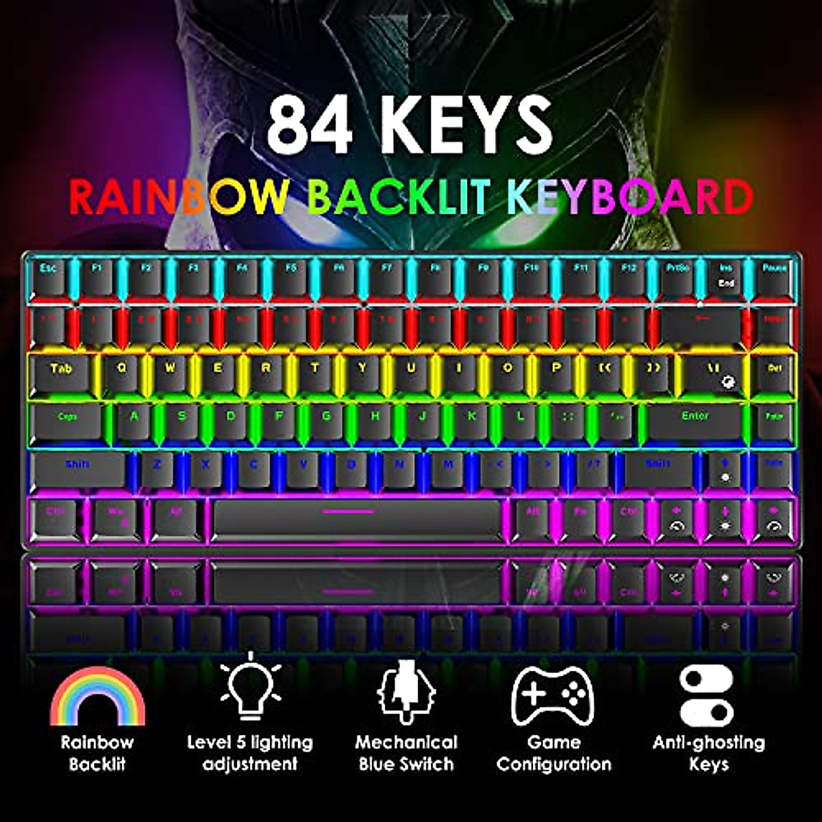 Gaming Keyboard and Mouse with Mechanical Red Switch Rainbow Backlit Wired Type-C 84 Keys Anti-ghosting,RGB 12000 DPI Lightweight Honeycomb Shell Gaming Mouse,Large Mouse Pad for PC Gamers(Black)