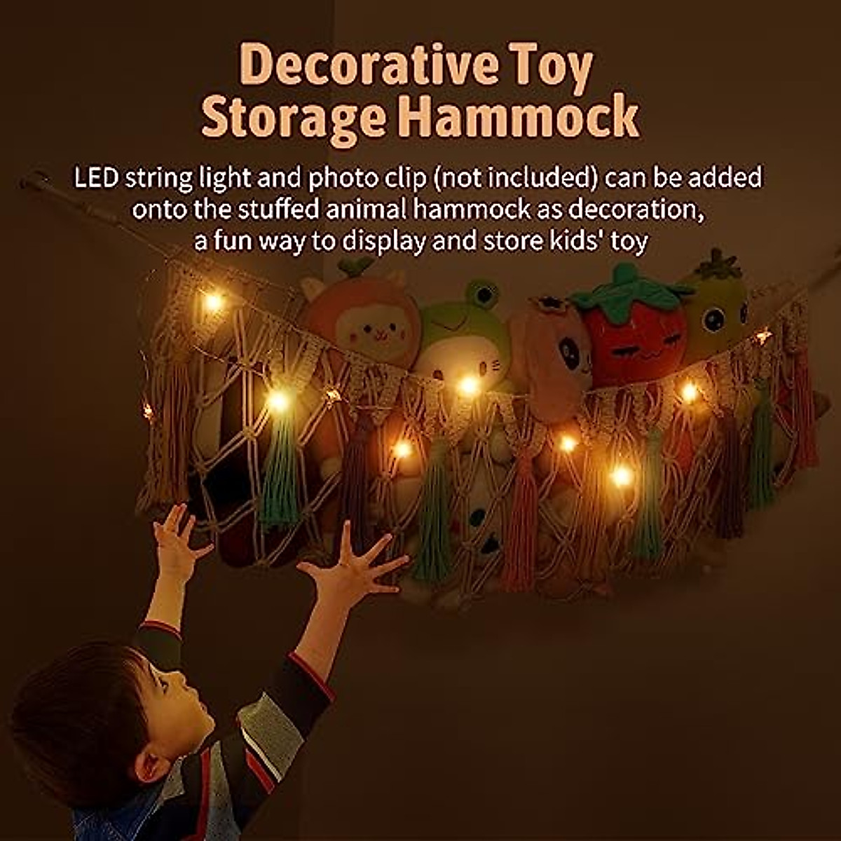 Stuffed Animal Net or Hammock, Macrame Plush Toy Holder, Large Handmade Wall Hanging Stuffed Animal Storage Mesh, Boho Doll Organizer Hammock for Kid's Room, Nursery, Bedroom, Playroom