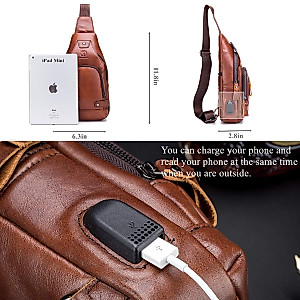 BULLCAPTAIN Sling Bag Crossbody Backpack with USB Charging Port Genuine Leather Hiking Travel Daypack XB-129 (Brown)