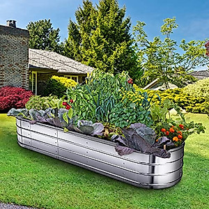 Ohuhu Raised Garden Bed w/Safety Edging, 5.7x1.7x1 FT Galvanized Metal Planter Box, Outdoor Plant Beds Planting Boxes for Vegetable Flower Herbs, Above Ground Elevated Large Oval Gardening Planters