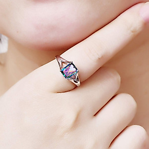 Empsoul Silver Plated 6x8mm Emerald Shaped Created Rainbow Topaz CZ Filled Proposal Wedding Engagement Bridal Women Ring Size 6