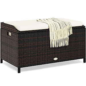 YITAHOME Outdoor Wicker Storage Bench Deck Box, Large PE Rattan Patio Storage Bench w/Covenient Handles and Soft Cushion for Patio, Yard, Lawn, Garden