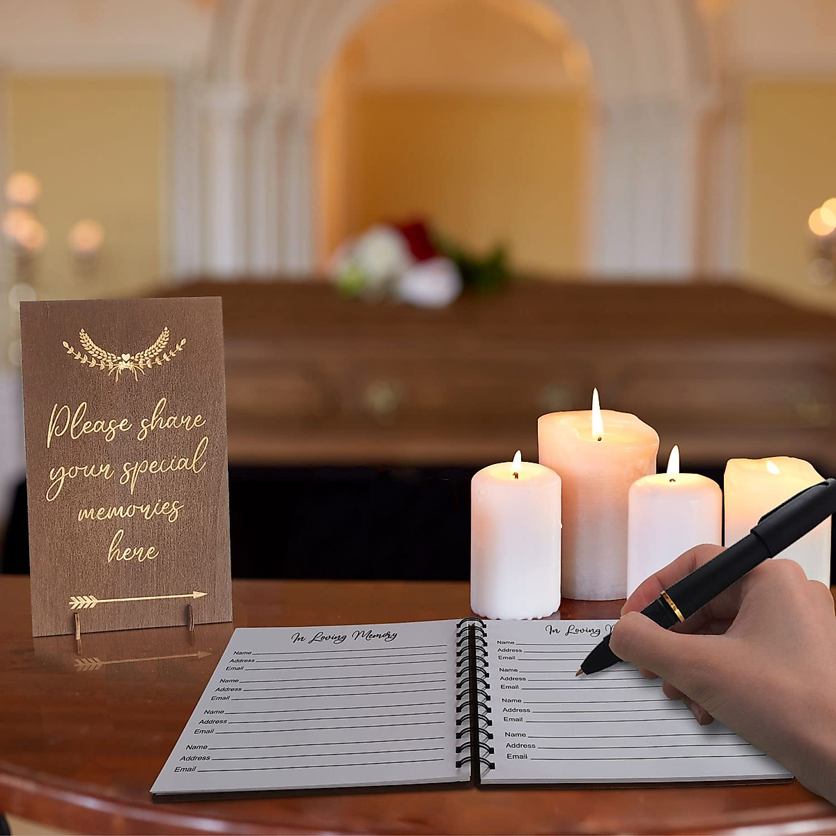 WONEVER Wooden Funeral Guest Book for Memorial Funeral Service - in Loving Memory Guest Sign Book Set - Celebration of Life Guestbook - Included Share a Memory Cards, Table Sign, Pen