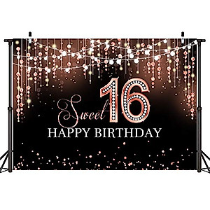 Sensfun Sweet 16 Birthday Party Backdrop Rose Gold Shiny Glitter Dots Diamond Princess Sweet Sixteen Photography Background for Girls Happy 16th Birthday Decorations Banner Photo Booth Backdrops 7x5ft