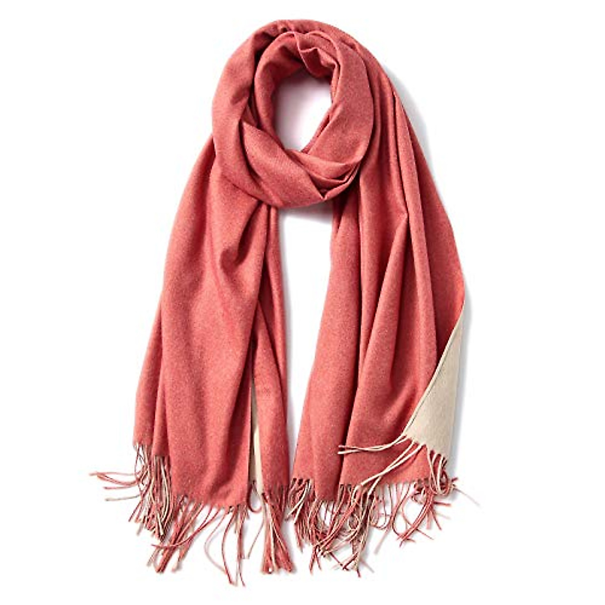 FORTREE Cashmere Feel Warm 2 Tone Shawl - Oversized 78"x28" Wrap Scarf (Coral and Ivory)