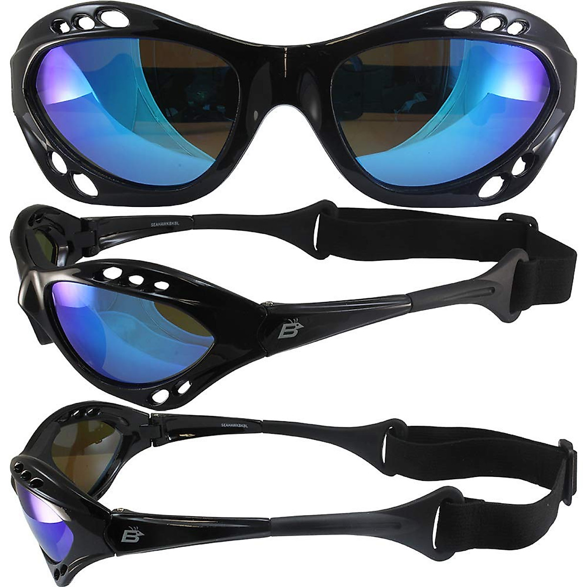 Birdz Eyewear Seahawk Polarized Sunglasses Jet Ski Goggles Sport Kite-Boarding, Surfing, Kayaking 2 Pairs Black Frames with Smoke & Blue Lenses