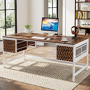 Tribesigns Computer Executive Desk with Drawers: Wood 63" Computer Desk with 4 Storage Drawers, Farmhouse Study Writing Table, Herringbone Business Furniture for Home Office, Brown and White