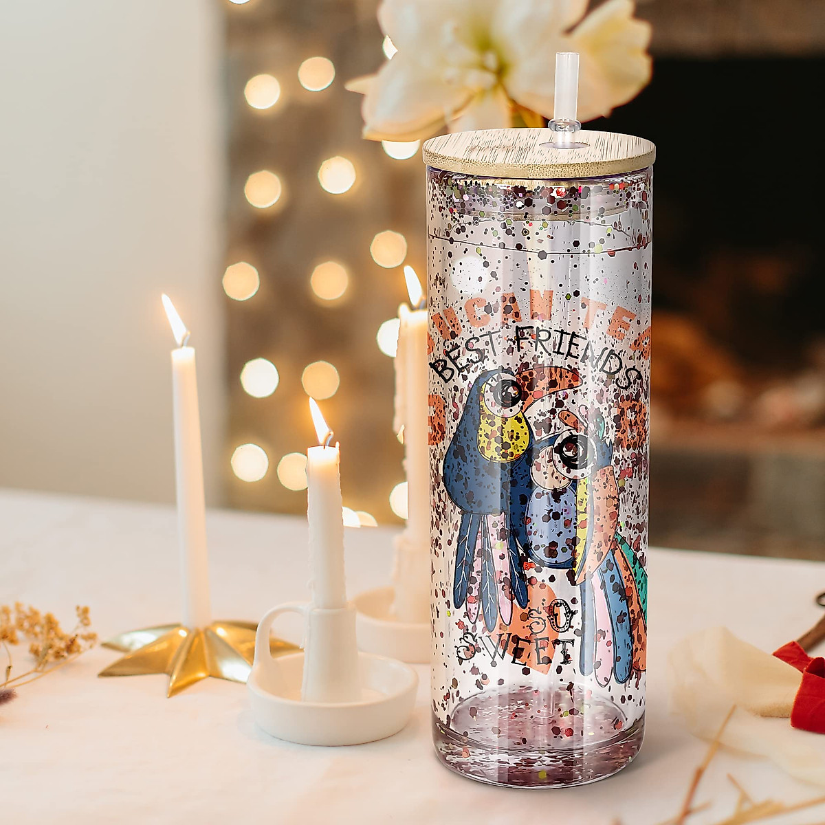 AGH 25OZ Snow Globe Glass Tumbler,2 Pack Sublimation Glass with Bamboo Lids and Straws, Double Wall Sublimation Beer Can Glasses Can Shaped Tumblers with Pre Drilled Hole for DIY