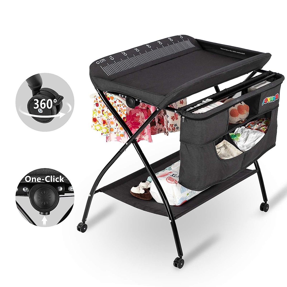 JOYMOR 2-in-1 Folding Baby Changing Table, Moblie Diaper Table for Infant, Portable Diaper Changing Station with Wheels, Large Storage Basket ＆ Shelf Portable Nursery Organizer