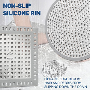 Shower Drain Hair Catcher, 2 Pcs Shower Hair Drain Catcher Stainless Steel Hair Catcher Shower Drain Cover for Shower Bathtub Bathroom Floor Kitchen Sink, Bathtub Drain Hair Catcher (Square+Round)