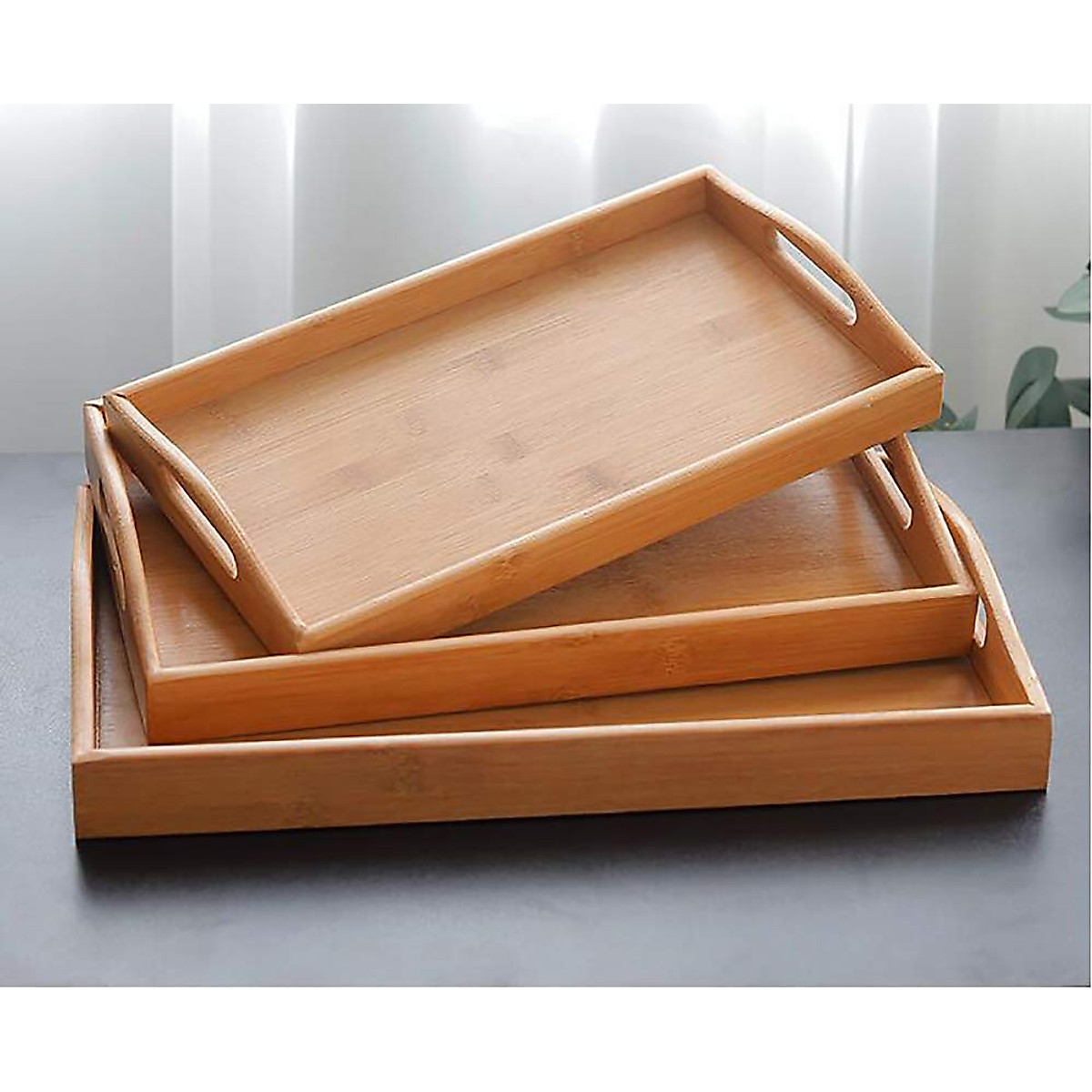Kework Bamboo Serving Tray with Handles, Tabletop Coffee Tray, Countertop Breakfast Tray, Desktop Tea Tray, Serving Tray Storage Container for Breakfast Coffee Tea Fruit, 12.4 x 7.2 x 1.1 Inch