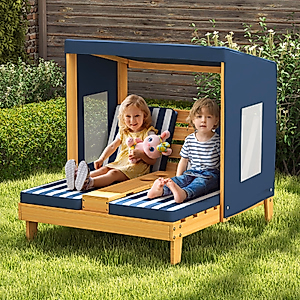 HONEY JOY Kids Chaise Lounge Chair Outdoor, Toddler Wood Double Pool Lounger Chairs w/Canopy, Cup Holders, Removable Stripped Fabric Cushions, 2-Person Kids Patio Furniture for Backyard (Navy Blue)