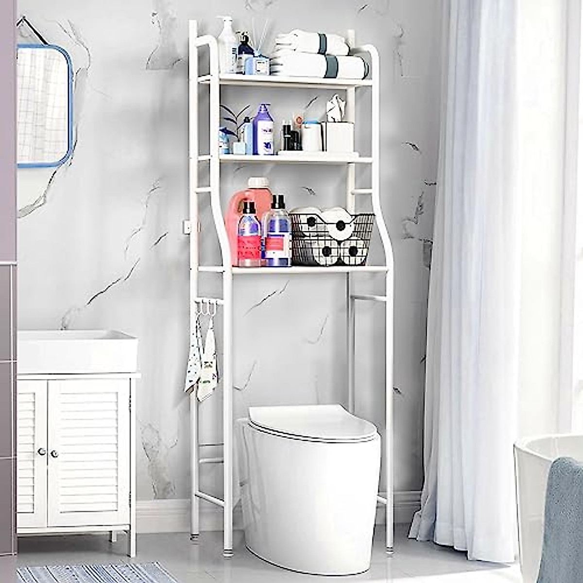 JOCHER 3-Tier Over The Toilet Storage Rack,Bathroom Shelf Organizer Over Toilet Storage,Above Toilet Storage Rack,Space Saver,Easy to Assemble,Fit Most Toilets,25.4" W x 9.85" D x 60" H(White)