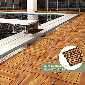 Wood Interlocking Flooring Tiles (Pack of 10, 12" x 12"), Solid Wood Acacia Deck Tiles Interlocking, Patio Tiles Outdoor Interlocking Waterproof All Weather (4 Slat, Natural Color)