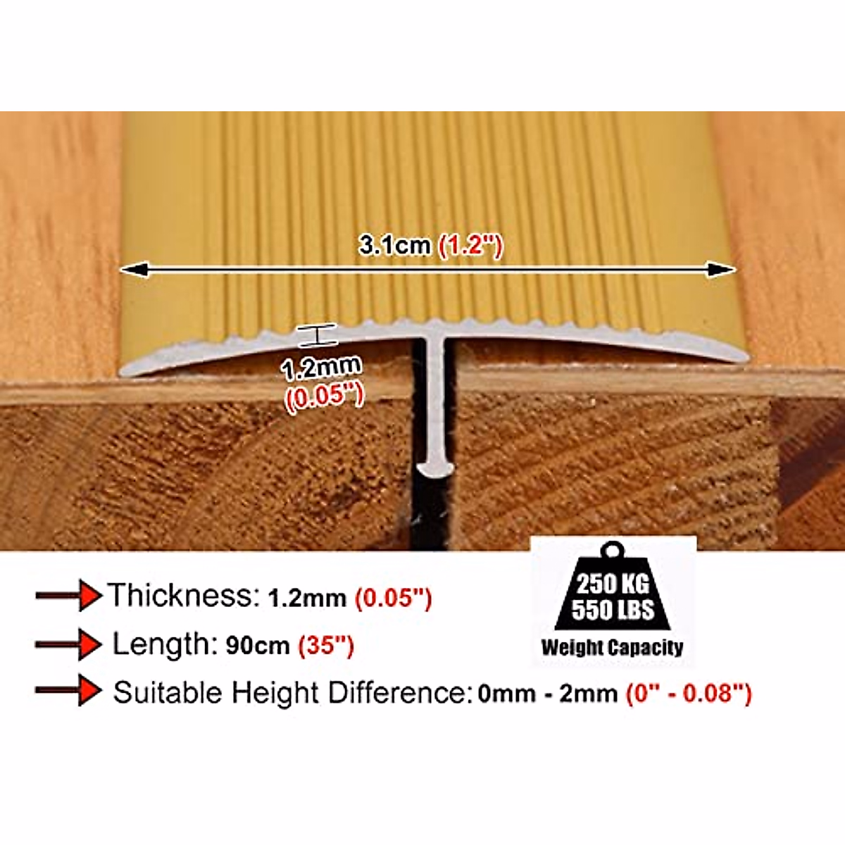 PAASHE Floor Transition Strip Walkers Entry Ramp, Gold Floor Carpet Threshold Strip, Curved Arc Door Edge Cover for Wood Gap Transition, Rust-Proof Floors Seams Strips 90cm Long, Custom Sized