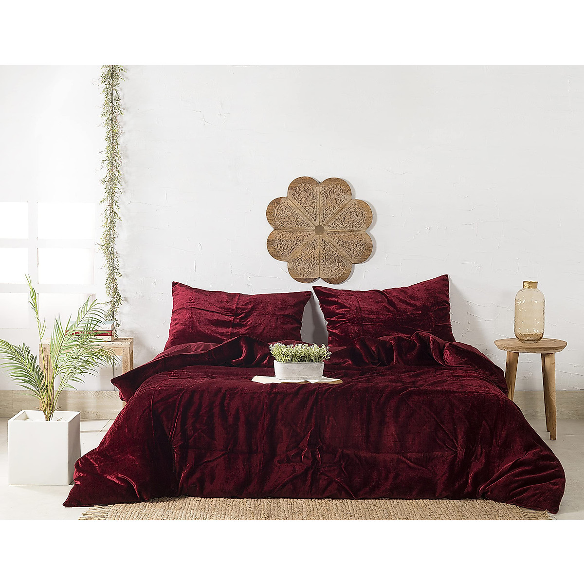 Madhu International Wine Red Velvet Duvet Cover - Made of Premium Rayon Velvet - Twin Size Duvet and Pillow Cover Set of 3 - Luxury Boho Bedding - UO Comforter Cover Quilt - 68 inches x 90 inch