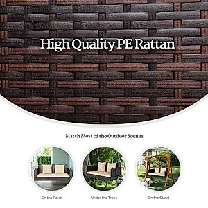 VINGLI Heavy Duty 800 LBS Wicker Hanging Porch Swing with Cushions & Chains, 4FT Outdoor Rattan Swing Bench for Garden, Yard, Lawn (Brown+Beige)