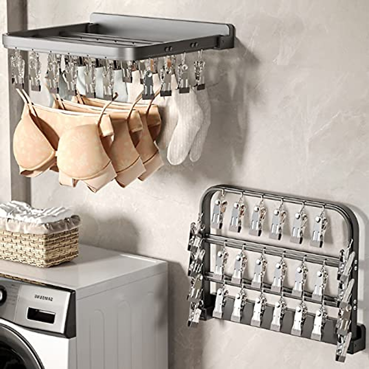 NEWRAIN Clothes Drying Rack, Aluminum Alloy Laundry Clothing Drying Hanger with 26 Pegs for Drying Towels, Bras, Lingerie, Baby Clothes，Socks