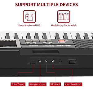 24HOCL 61 Keys Keyboard Piano Lighted Keys for Kids Teens Beginners Birthday Best Gift, Electronic Portable Digital Music Piano Keyboard with Mic, Music Stand, Powered by UL Adapter/Battery