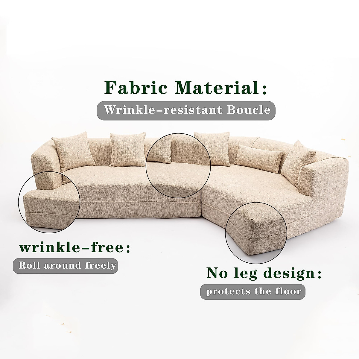 AIDOFA 128'' Extra Large Boucle Sofa, 3 Large Seats Modular Sofa, Modern Design Boucle Sofa, Upholstered in Round Fiber Fabric Sofa, Anti-Wrinkle Couches, Endless Combinations Couches, Creamy White