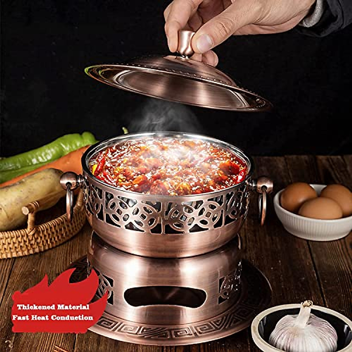 Chafing Dish Buffet Stainless Steel Food Warmer - Soup Pot Cookware with Alcohol Lamp - Shabu-Shabu Chinese Hot Pot -Great for Entertaining Restaurant (Color : Copper)