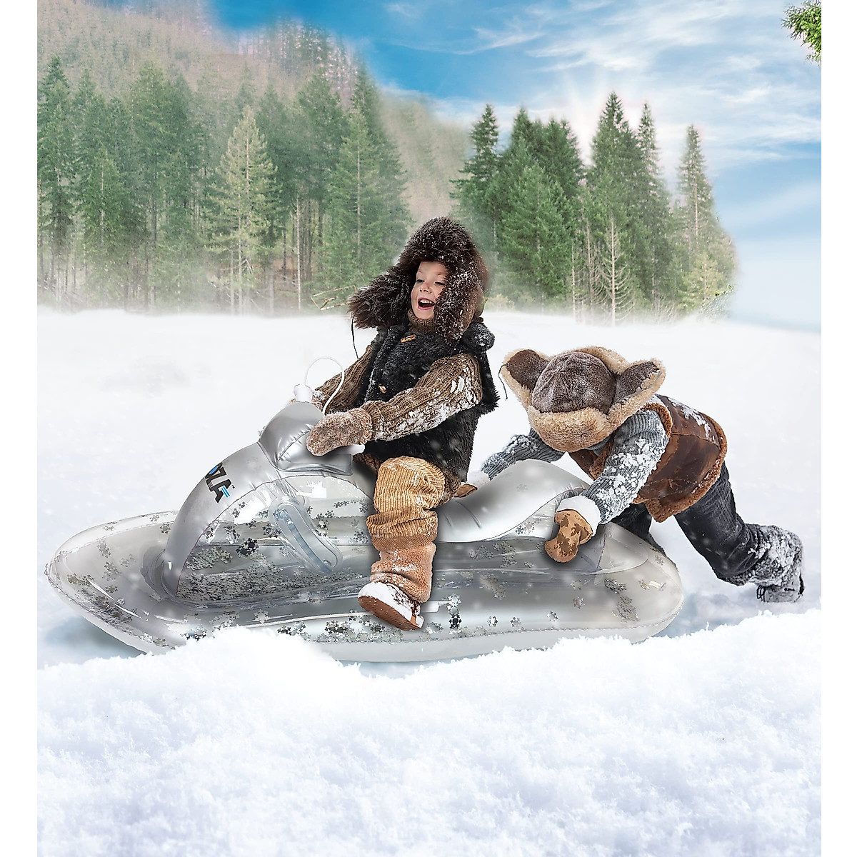 POZA Inflatable Silver Snow Tubes Collection - Silver Snow Sled Tube, Snowmobile, Boogie Sled with Handles and Snowflake Confetti, Cold Resistant Heavy Duty PVC Tube Sled for Adults and Kids - 3 Piece