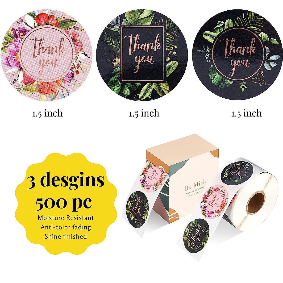 by Mich 1.5 Inch Thank You Stickers, Roll of 500 pc,3Designs |Thank You Stickers for Small Business, Wedding and Holiday |Pink, Black Thank You Labels with Greenery Boho Handwritten Rose Gold Font