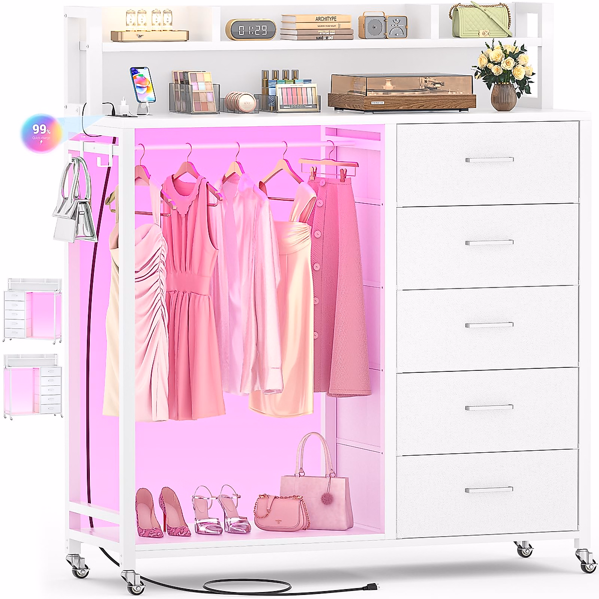 Cyclysio Dresser for Bedroom with Clothes Rack & Shelves, White 5 Drawers Dresser with Charging Station & LED Lights, Chest of Drawers with Lockable Wheels, Storage Shelves, Bedroom, Closet,Entryway