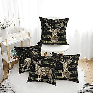Gianlaima Camo Camouflage Hunting Deer American Flag Painting Set of 4 Decorative Throw Pillow Cases Sofa Cushion Covers for Couch Bedroom Living Room Car Home Decor