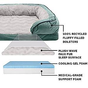Furhaven Cooling Gel Dog Bed for Large Dogs w/ Removable Bolsters & Washable Cover, For Dogs Up to 95 lbs - Plush & Velvet Waves Perfect Comfort Sofa - Celadon Green, Jumbo/XL, 40.0" x 32.0"x 9.5"