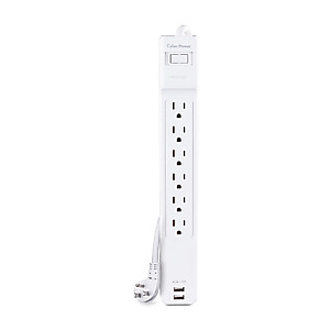 CyberPower CSP606U42A Professional Surge Protector, 900J/125V, 6 Outlets, 2 USB Charge Ports, 6ft Power Cord, White