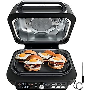 Ninja IG651 Foodi Smart XL Pro 7-in-1 Indoor Grill/Griddle Combo, use Opened or Closed, with Griddle, Air Fry, Dehydrate & More, Pro Power Grate, Flat Top Griddle, Crisper, Smart Thermometer, Black (Renewed)