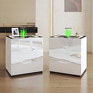 Jehiatek White Nightstand Set of 2, Night Stand Set 2 with Wireless Charging Station, High Gloss End Table with Adjustable LED Lights & USB Charging, Bedside Table Set of 2 with 3 Drawers (White)